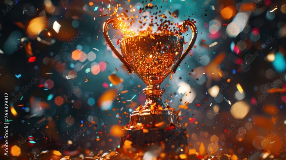 Golden trophy gleaming in spotlight amidst confetti and glitter ...