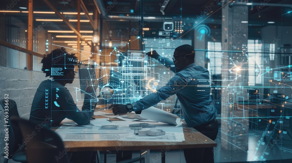 A group of programers, two of them are looking at blueprints on a ...