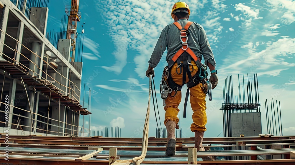 Construction worker use safety harness and safety line working on a new ...