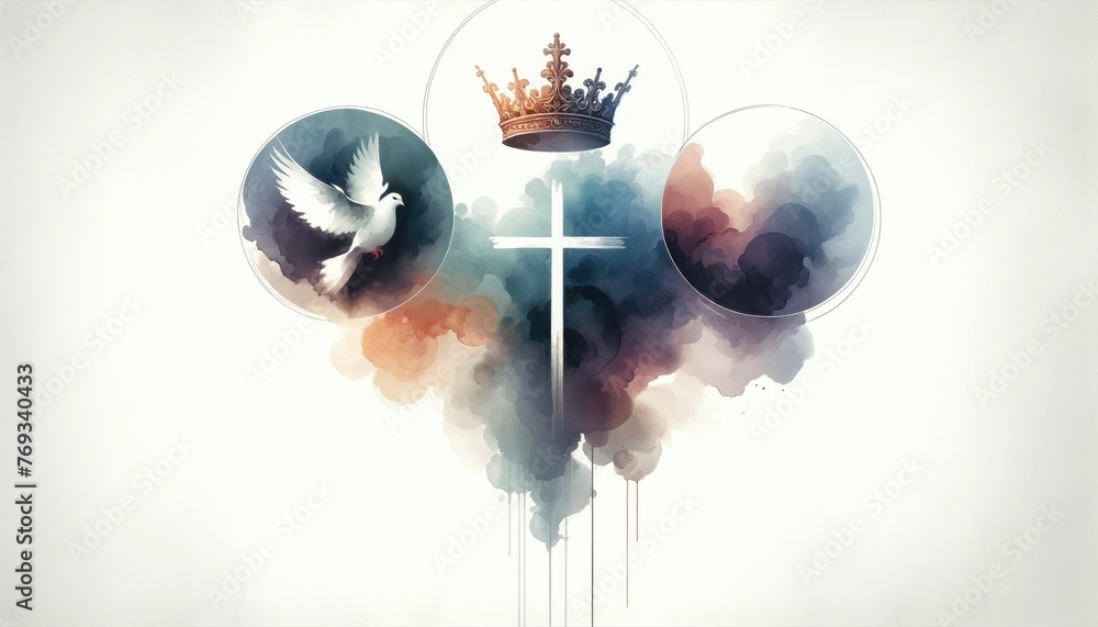 Holy Trinity symbols. Cross, crown and dove of Holy Spirit on the ...