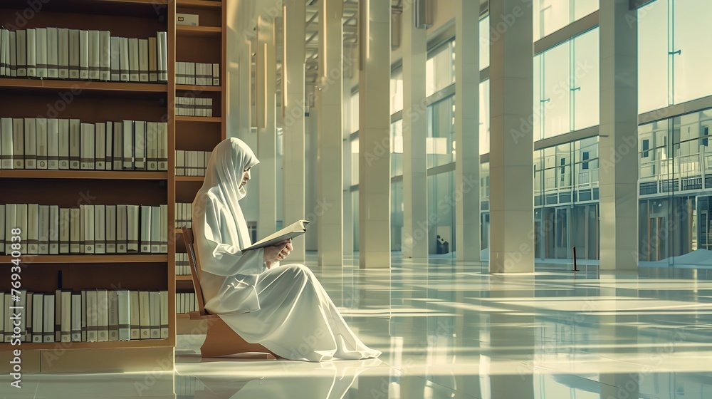 Emirati Student Studying in a Modern School Library with Arabic ...