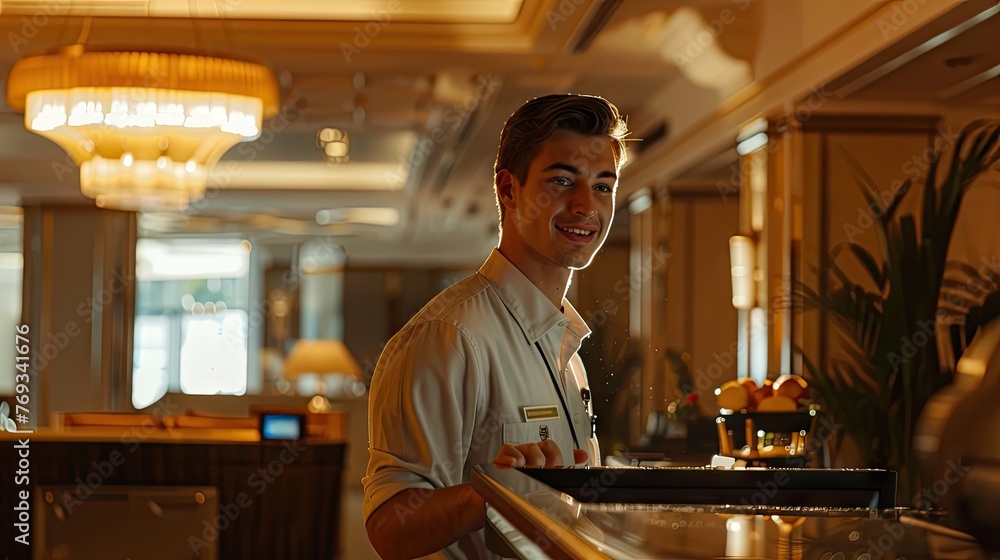 front desk man behind the desk in an hotel talking to a couple of ...