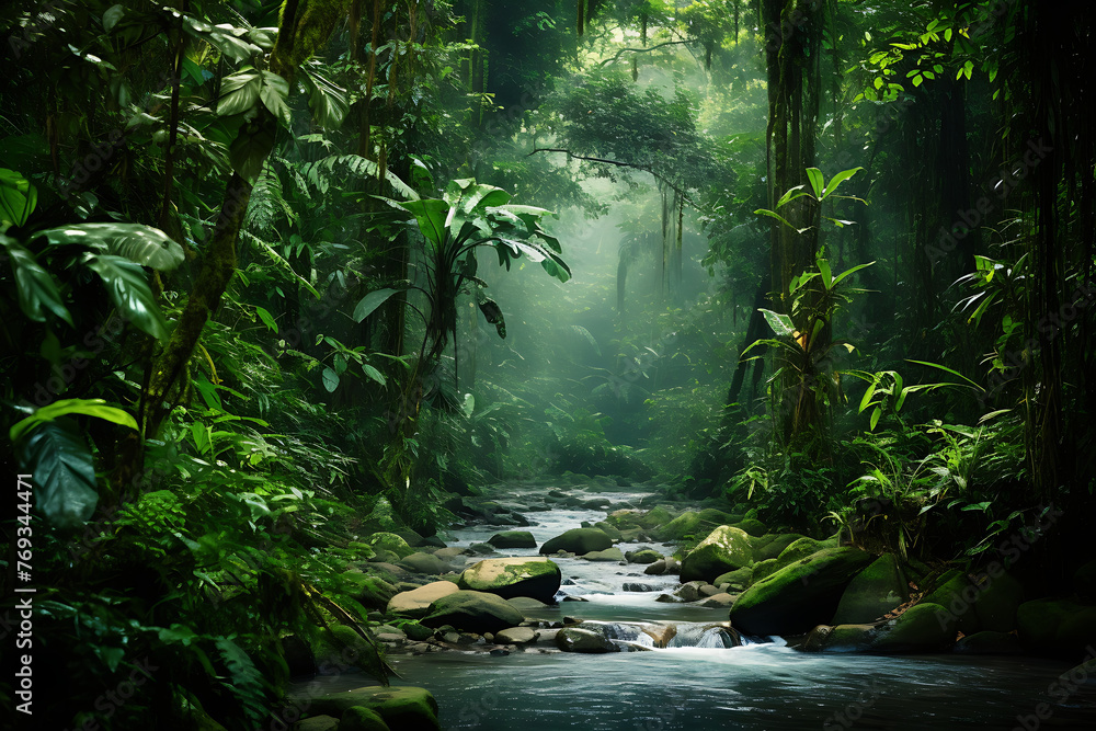 The sun's rays highlight the lush rainforest, highlighting the calm ...