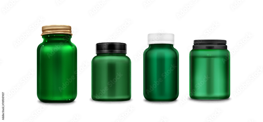 Green vitamin bottle, plastic pill jar package. 3d blank medicine or ...