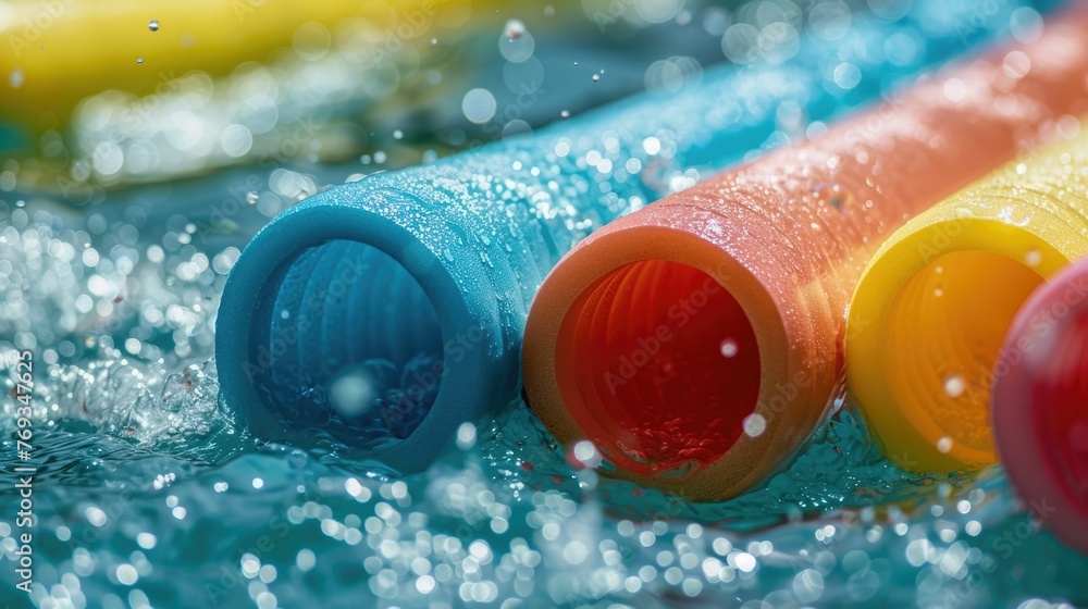 Lively and vibrant scene of people playing with colorful pool noodles ...