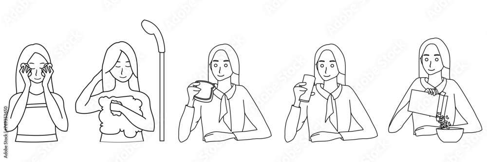 Female morning routine's illustration (line, sketch), including washing ...