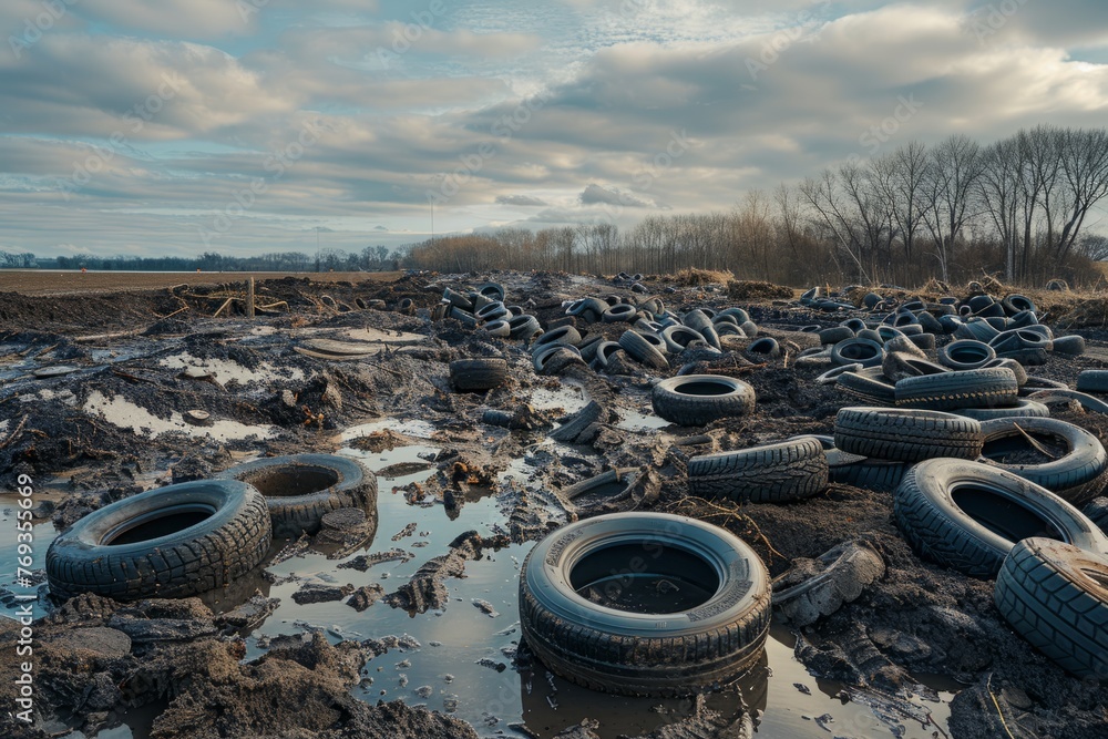 A wide shot showing a large pile of tires dumped in mud, creating a ...