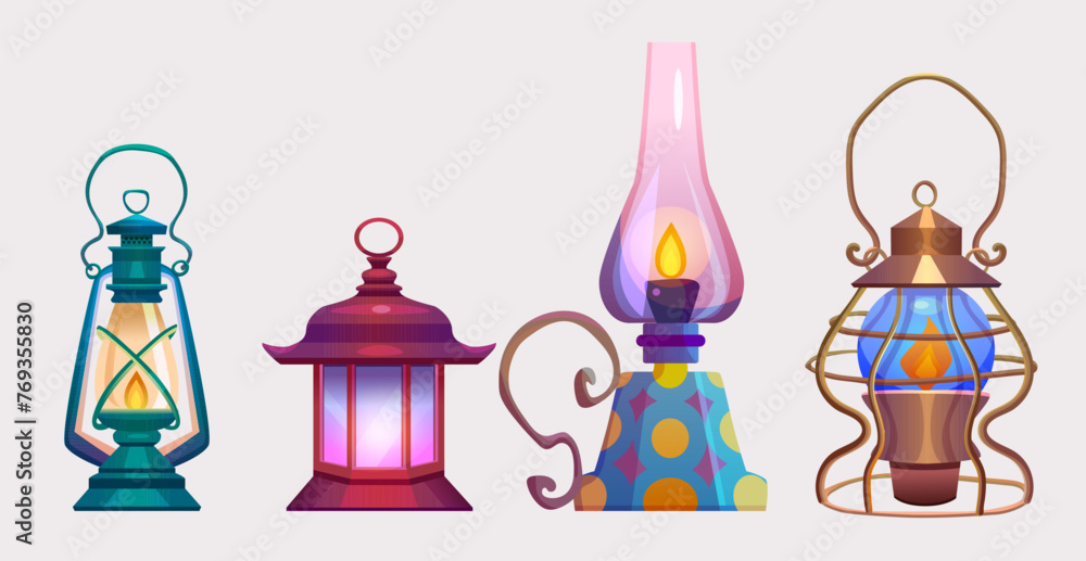 Old oil and gas lamps set isolated on white background. Vector cartoon ...