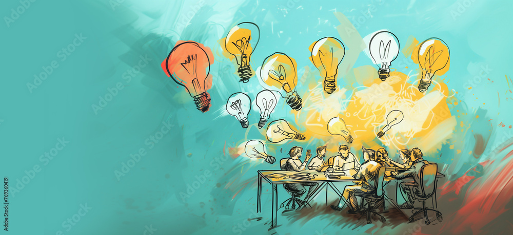 A group of people are sitting and brainstorming with various ideas ...