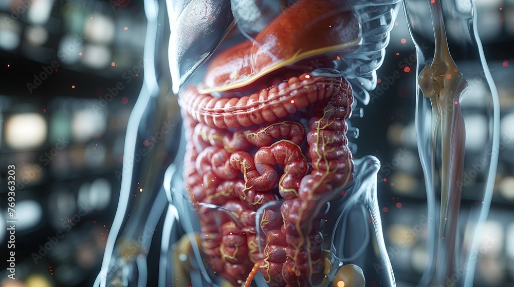 Human anatomy of the digestive system. 3D illustration that scans ...