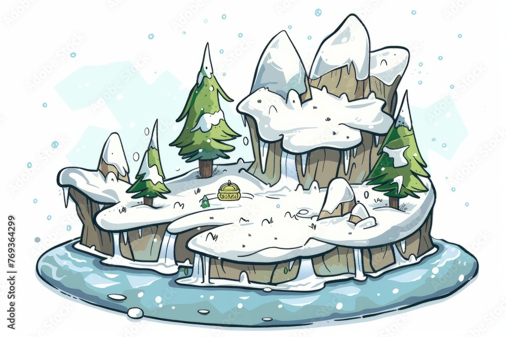 Cartoon cute doodles of a winter island with hidden caves and tunnels ...