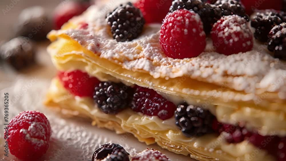 A closeup of a beautifully presented dessert with layers of flaky ...