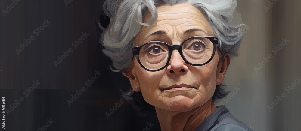 A woman with glasses and gray hair is pulling a funny face, wrinkling ...