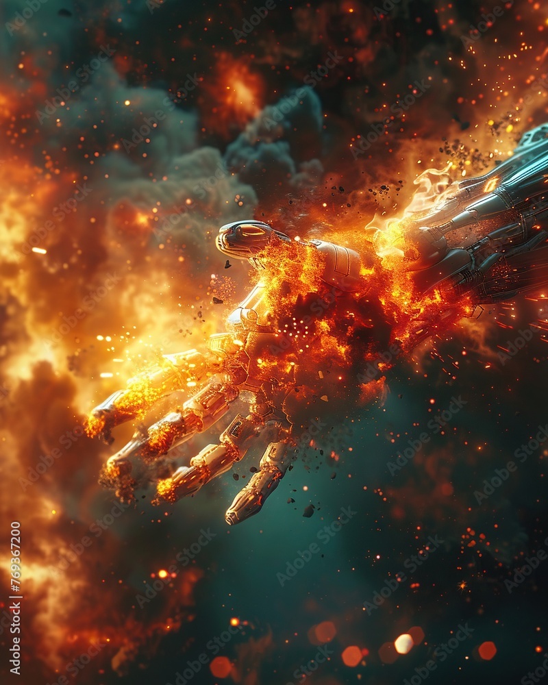 Robot hand triggering fire explosion, vivid energy burst, chaos ...