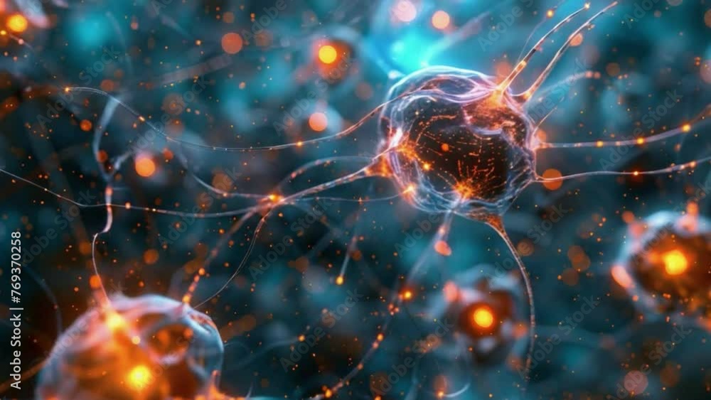 A bunch of glowing neurons are shown in a blue and orange background 4K ...