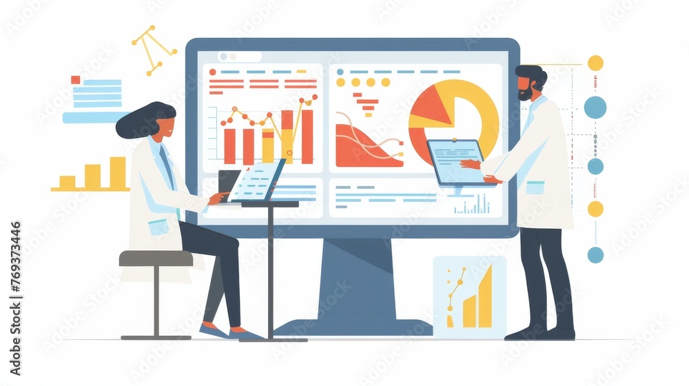 An illustration of a data analysis team actively engaging with an interactive dashboard to ...