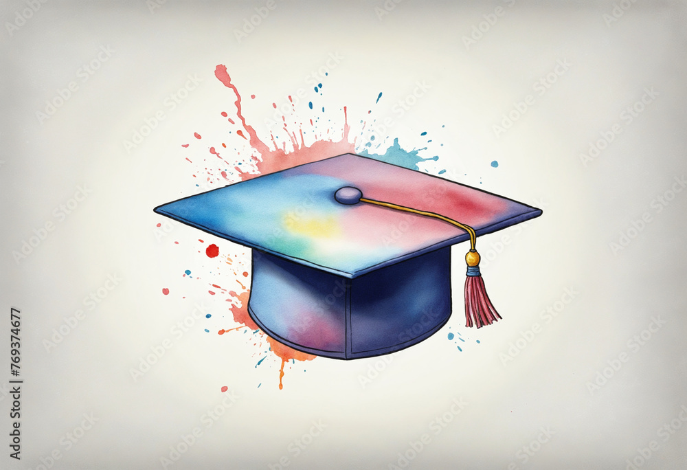 Graduate cap with watercolor stains and splashes colorful background ...