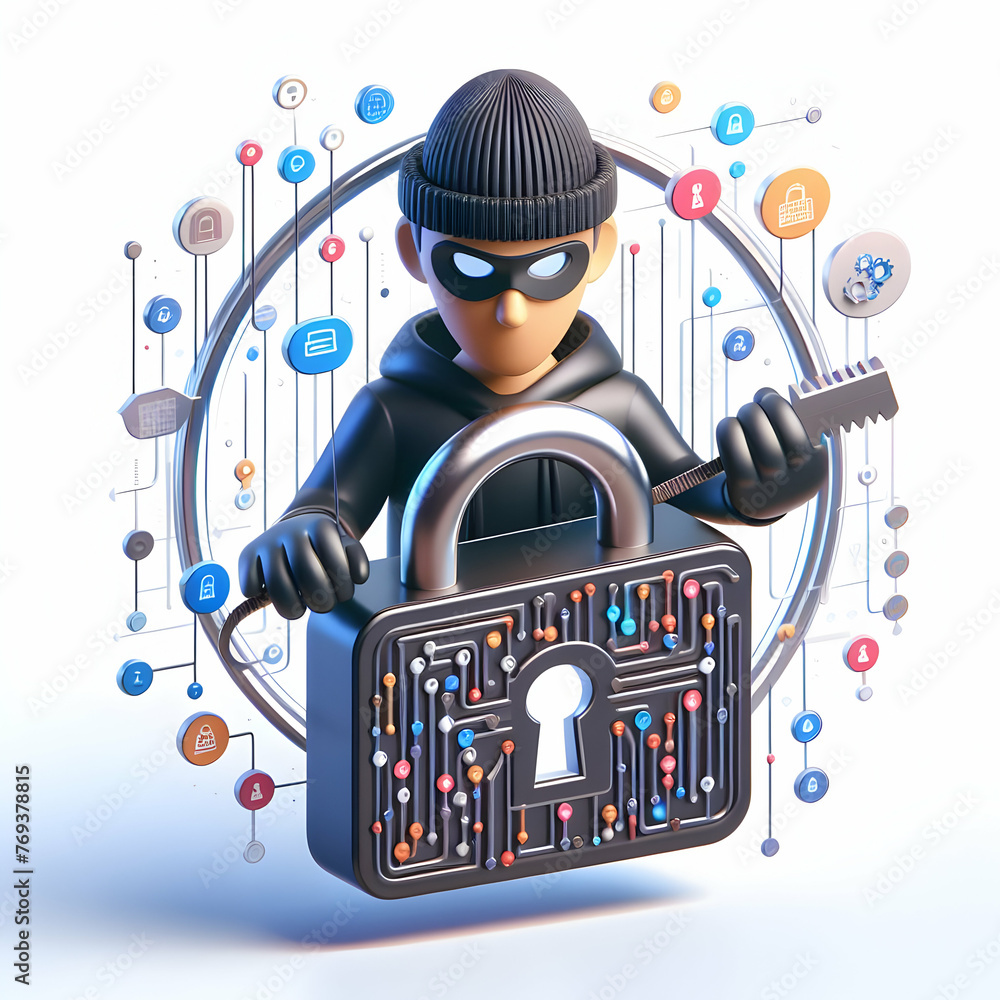 3D flat icon for business as Cyber Thief Hacker with a digital lockpick ...