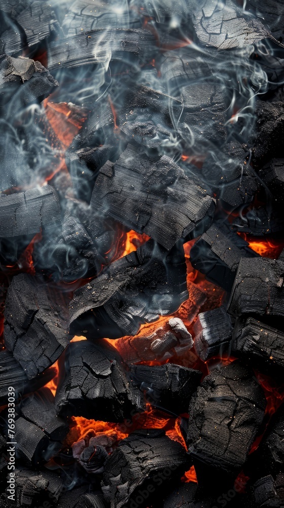 Charcoal pile beside a blazing fire with smoke rising from hot embers ...