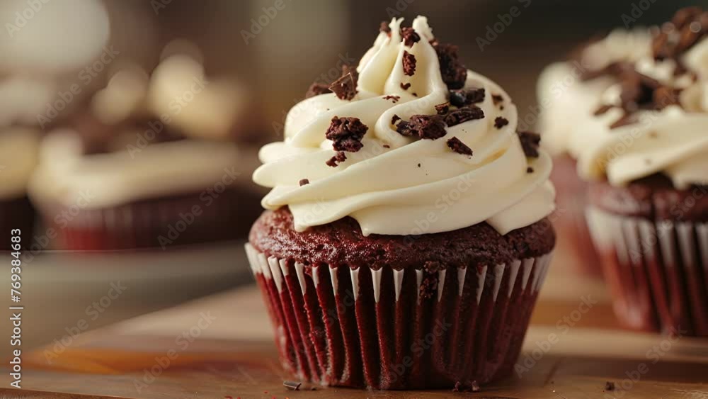 A detailed view of a chocolate cupcake topped with creamy white ...