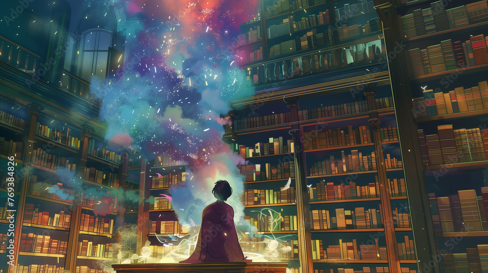 Within a mystical library that holds the universe's secrets, a scholar ...