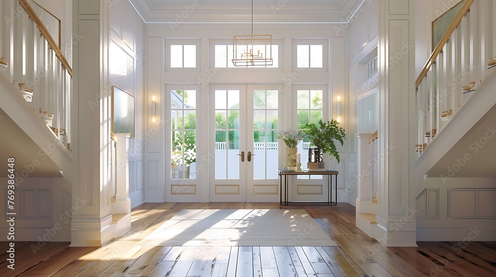 Large and wide interior front door hallway foyer with transom hanging ...