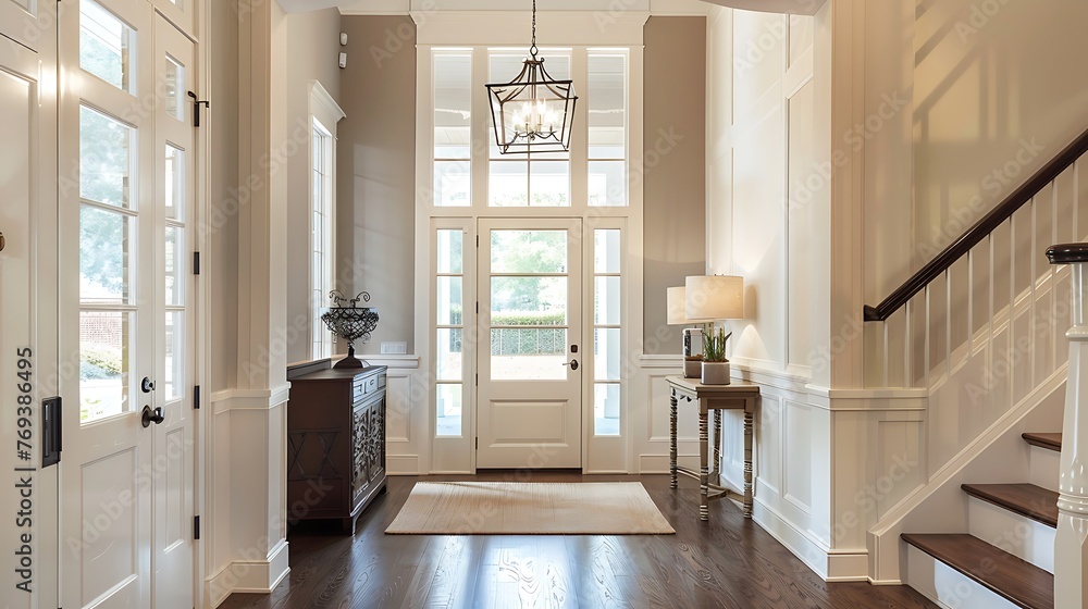 Large and wide interior front door hallway foyer with transom hanging ...