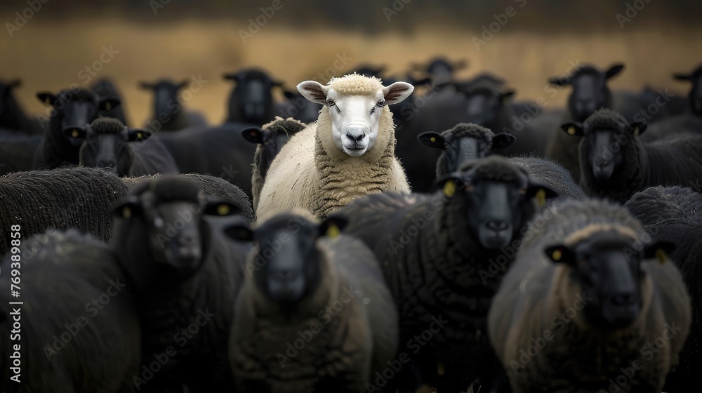 A white sheep among a flock of black sheep, raising head as a leader ...