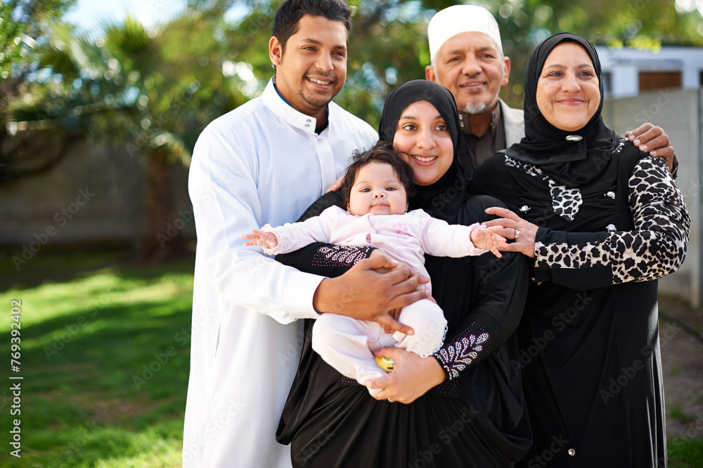 Muslim family, grandparents and parents with baby outdoor, Eid ...