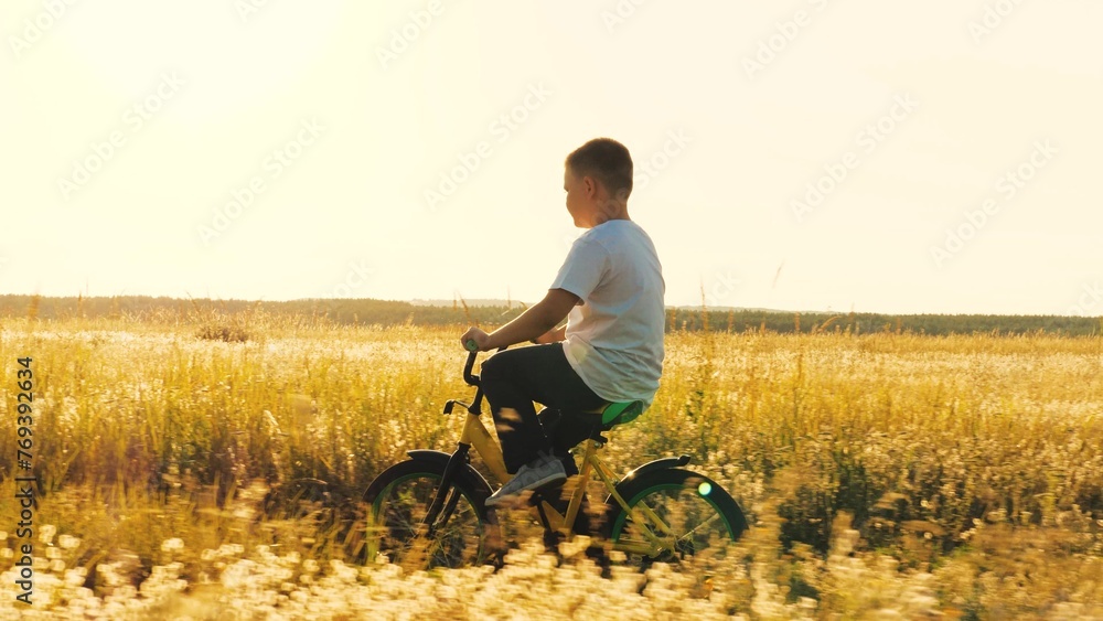 happy boy learning ride bicycle park, child schoolboy son rides bicycle ...