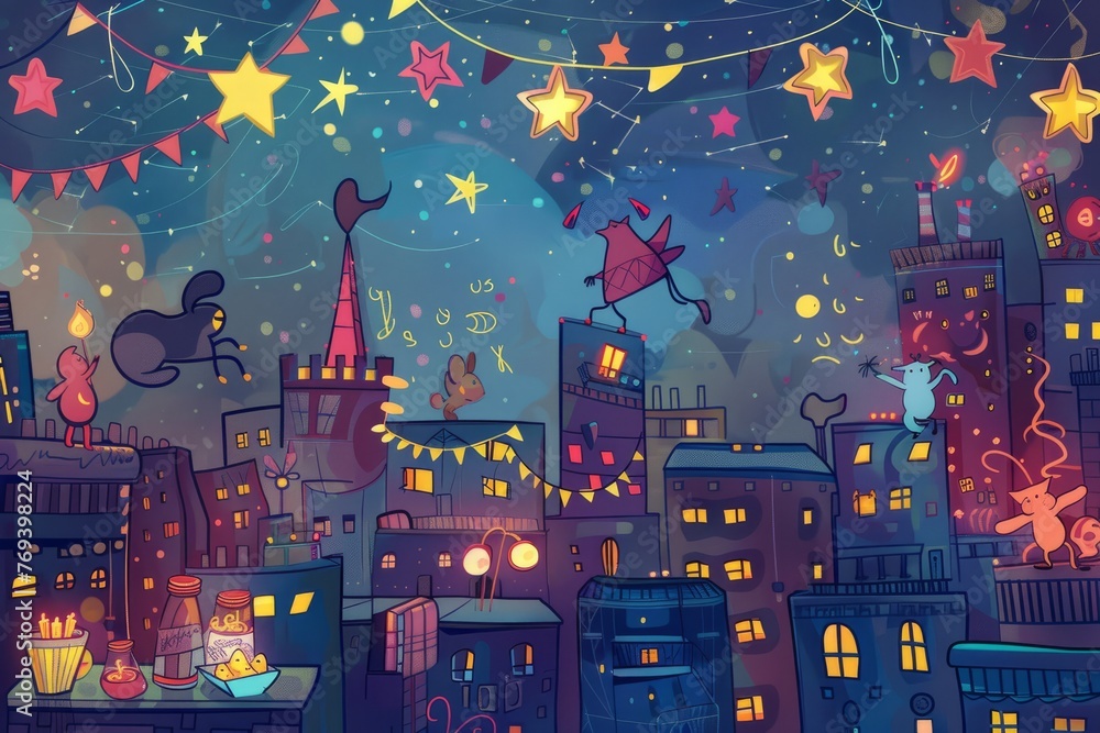Cartoon cute doodles of a big city rooftop party with festive ...