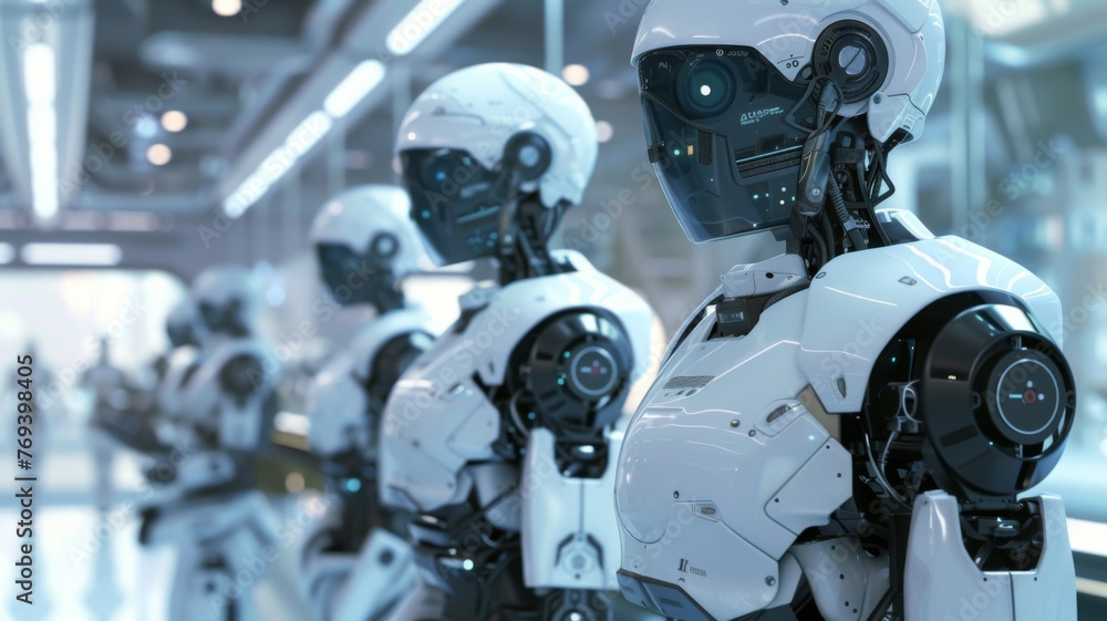Line of advanced humanoid robots in lab - A row of highly detailed ...
