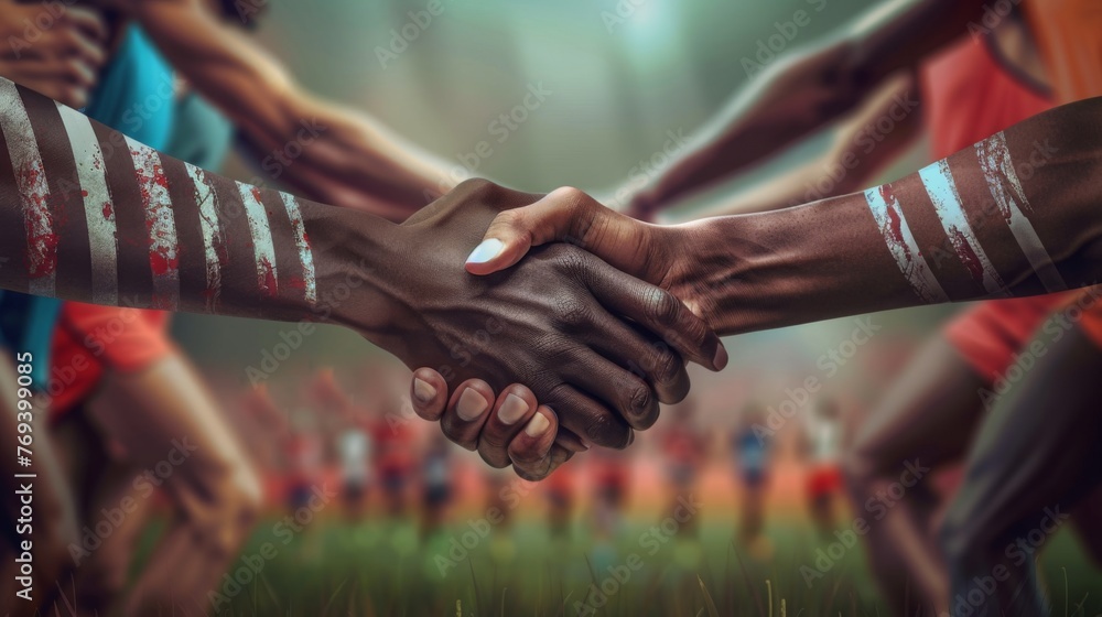 Multiracial runners in a modern handshake to show each other friendship ...