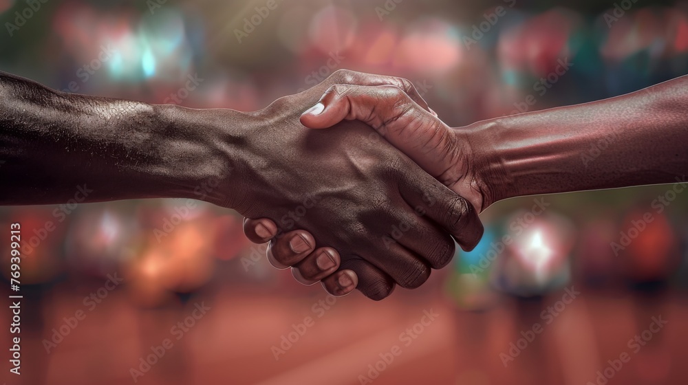 Multiracial runners in a modern handshake to show each other friendship ...