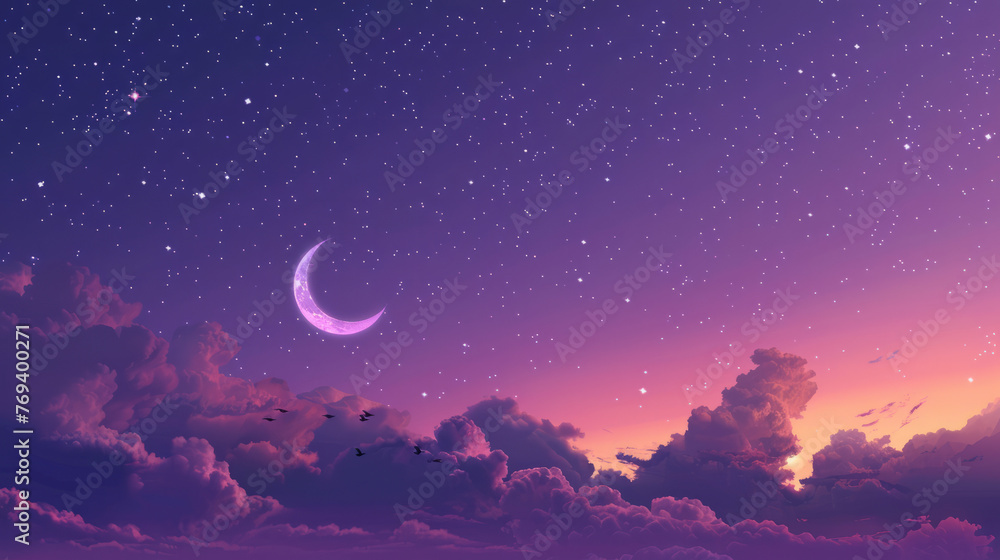 Sleepy purple evening mystical moonlight sky with clouds and stars ...