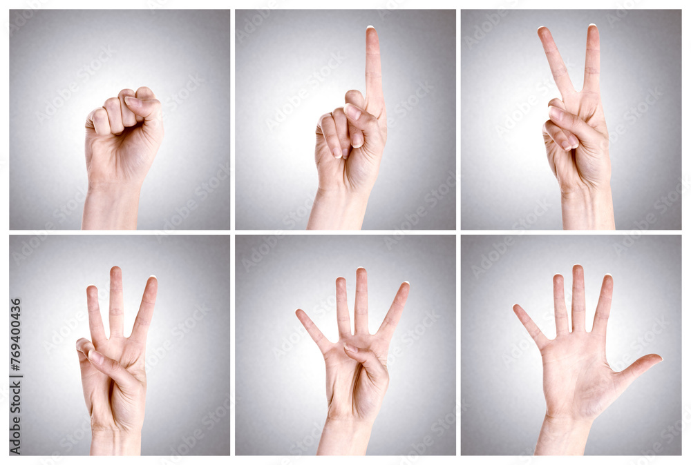 Fingers, mathematics and sign numbers in studio for counting or ...