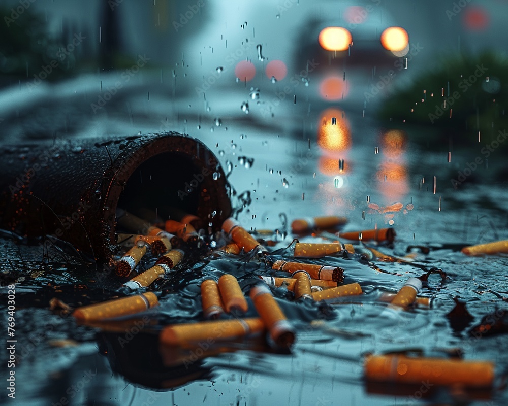 An atmospheric rendering focuses on a storm drain clogged with ...