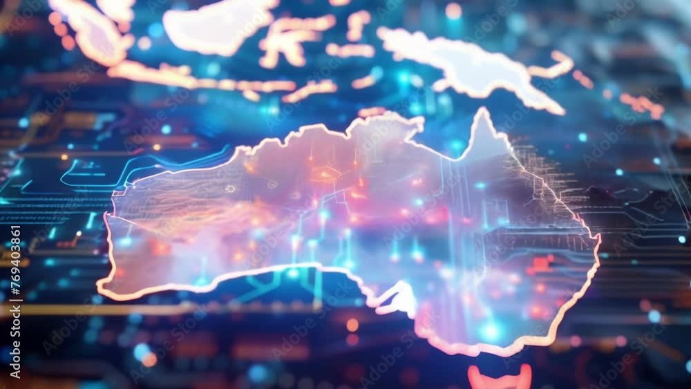 An interactive map of Australia is displayed on top of a circuit board ...