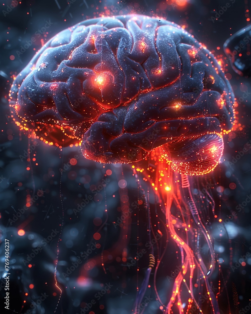 Brain illuminated by neon lights, topdown view, cyberpunk, glowing ...