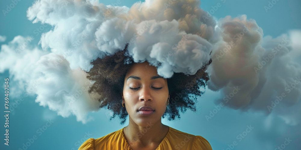 African-American woman with cloud over his head. Female with head ...