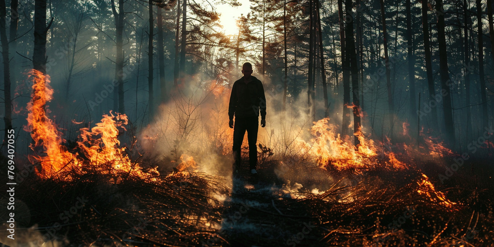 Forest burnt by fire with charred burnt trees and silhouette of man in ...