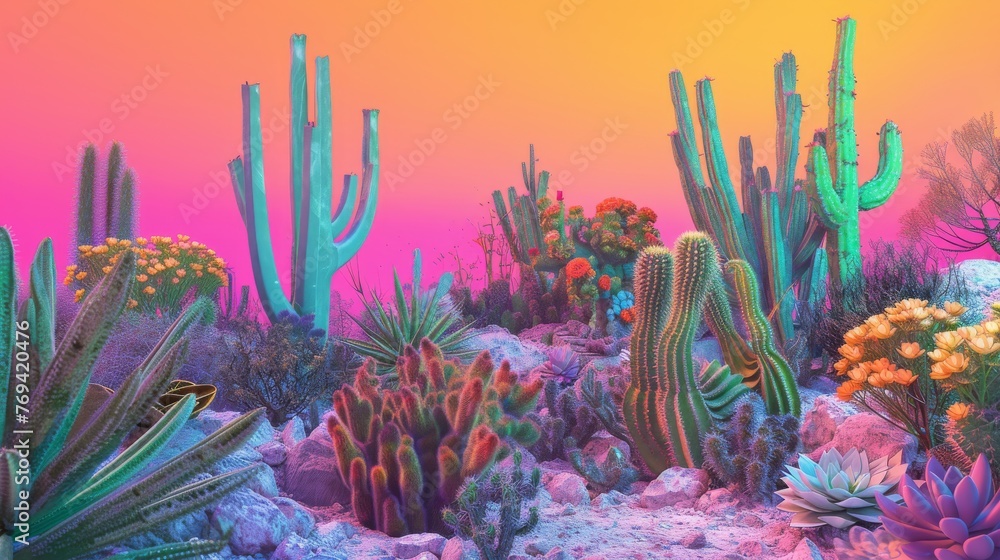 Ethereal Twilight: Surreal Desert Cactus Garden Awash in Otherworldly ...