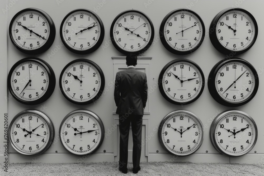 Amidst a backdrop of ticking clocks, a soaring executive embodies the ...