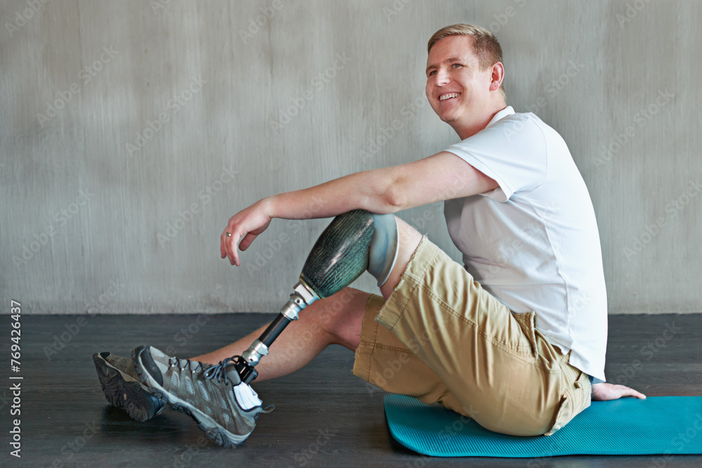 Man, amputee and workout with prosthetic legs for fitness, wellness and ...