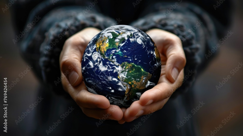 Foto de Woman holding a detailed,lifelike representation of the planet ...