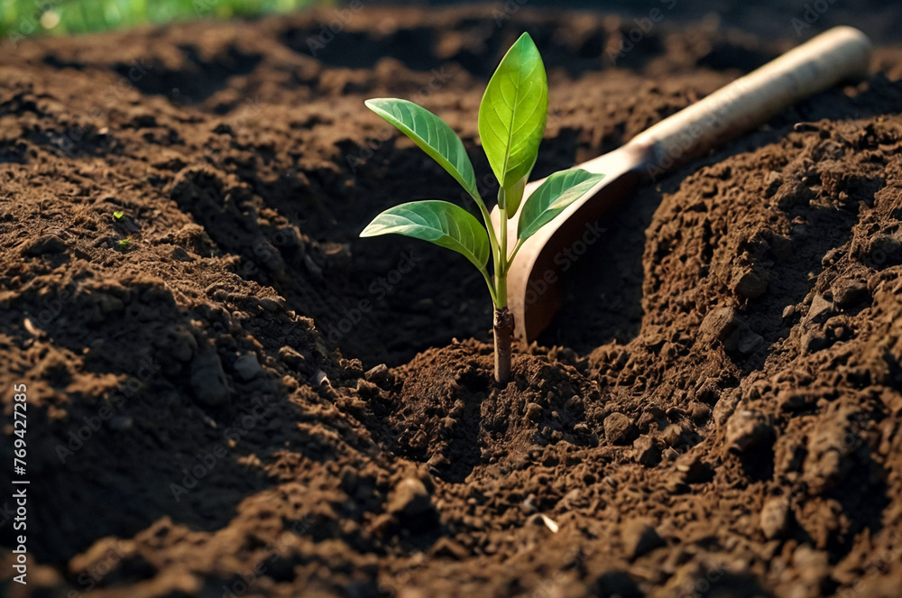 Young tree sapling lies at dug hole next to shovel and is ready to ...