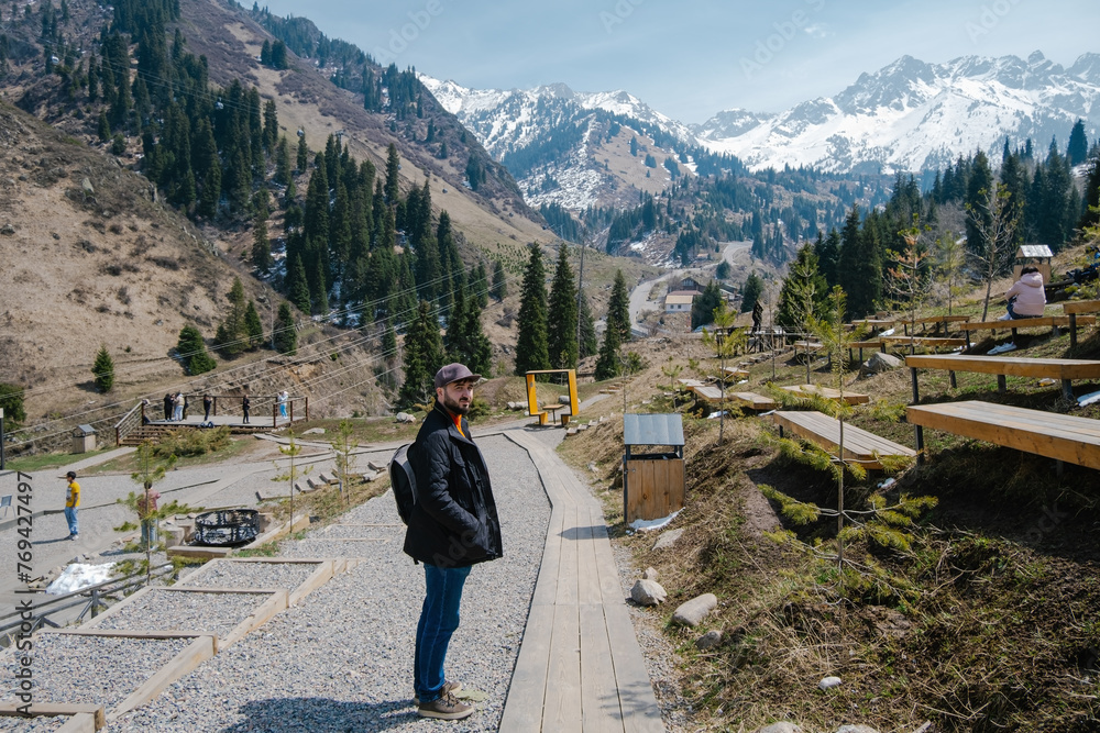 Mountain view in Almaty, Medeu. Hiking to the observation deck to cafe ...