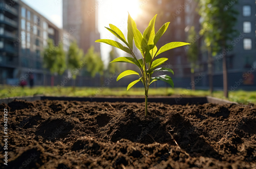 Planted young sapling of trees in an urban environment on territory of ...