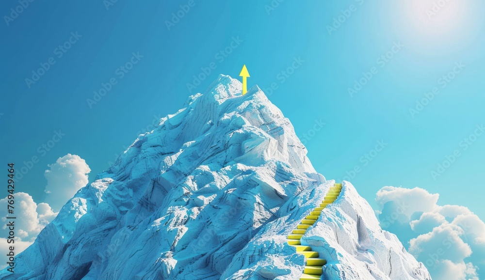 3d render of mountain peak with yellow path lines leading to the top ...