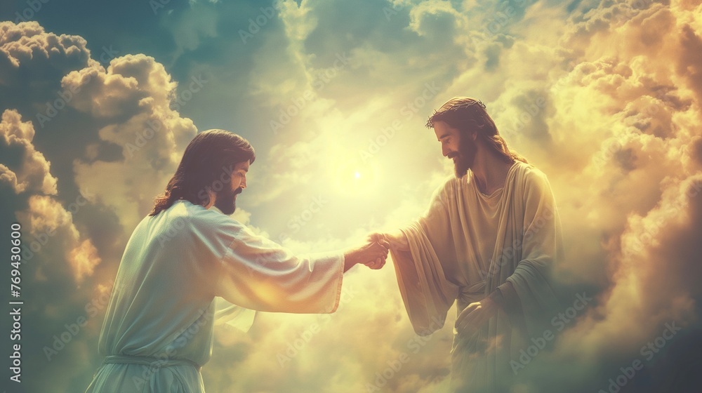 Jesus Christ holds hands with outstretched white arms. He reached down ...